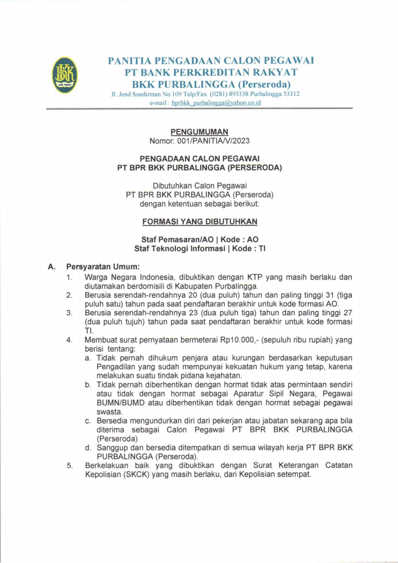 Pengadaan Calon Pegawai PT BPR BKK PURBALINGGA TAHUN 2023